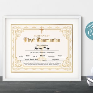 First Communion Certificate, 11x8.5 Printable First Communion ...