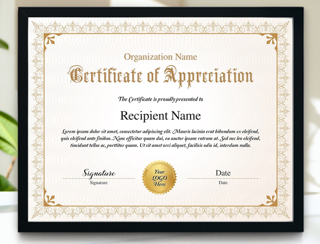 11x8.5 Certificate of Appreciation, Printable Elegant Gold Appreciation ...