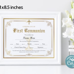First Communion Certificate Template, 11x8.5 Printable First Communion ...