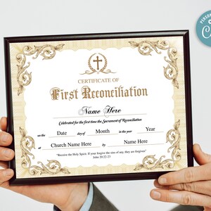 11x8.5 First Reconciliation Certificate, Printable Certificate of First ...