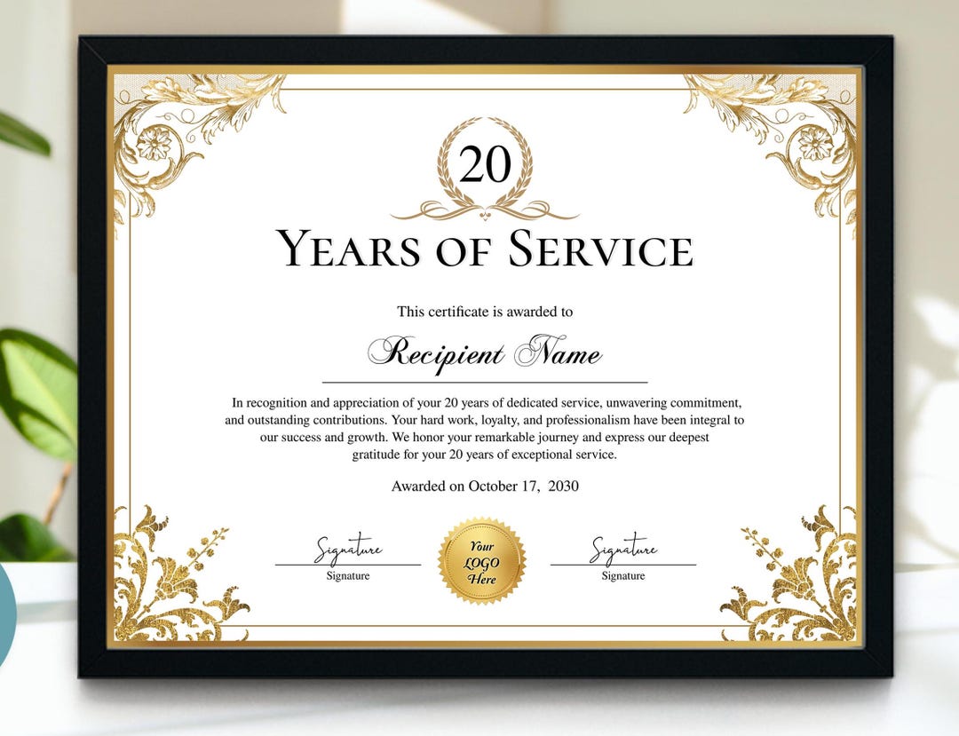 20 Years of Service Anniversary Award, Certificate of Appreciation ...