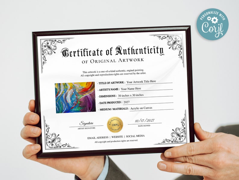 Certificate of Authenticity for Artwork, Editable Certificate of ...