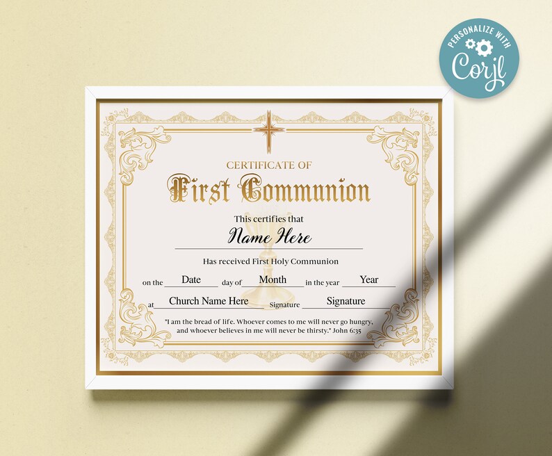 First Communion Certificate 11x8.5 Printable First Communion - Etsy