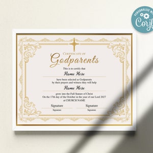 Godparents Certificate Template, Printable Editable Godparents ...