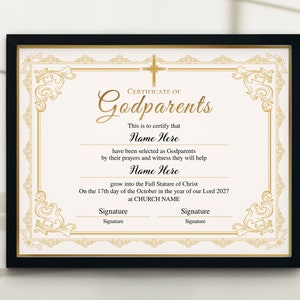 Godparents Certificate Template, Printable Editable Godparents ...