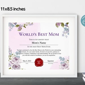 Best Mom Mother's Day Award Certificate Template, Personalized Gift for ...