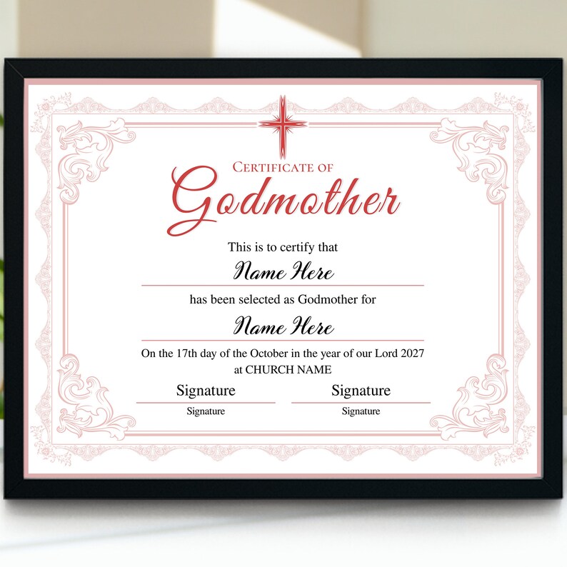 Godmother Certificate Template, Printable Editable Godmother ...