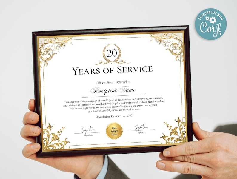 20 Years of Service Anniversary Award, Certificate of Appreciation ...