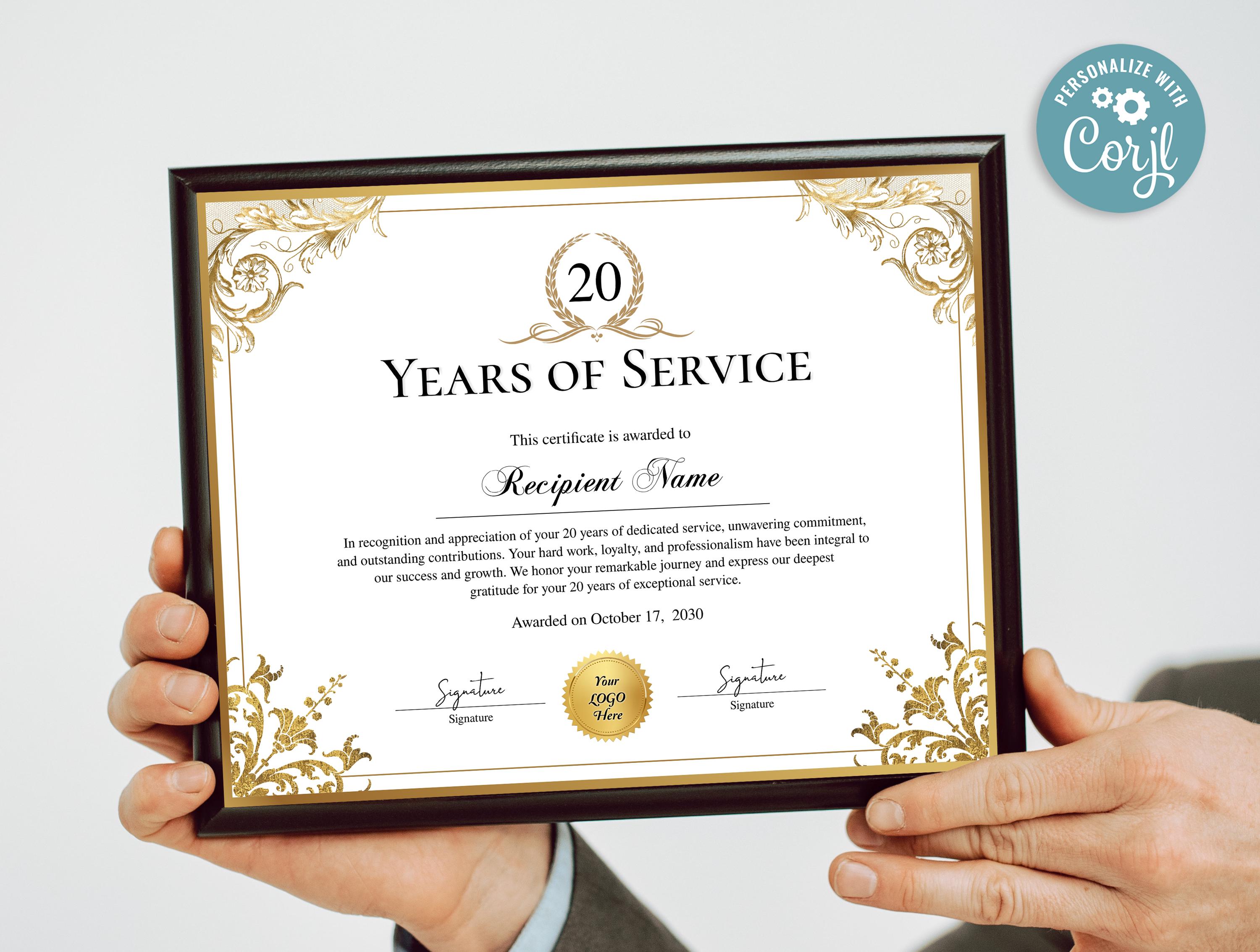 20 Years of Service Anniversary Award, Certificate of Appreciation ...