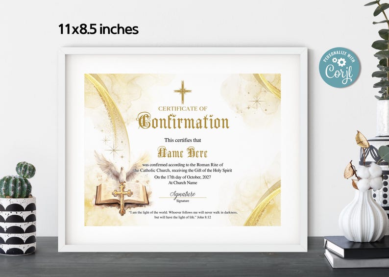 Gold Certificate of Confirmation, 11x8.5 Confirmation Certificate Template, Printable Church ...