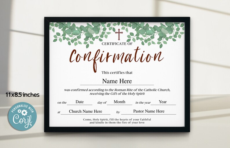 Confirmation Certificate, 11x8.5 Catholic Confirmation Certificate ...