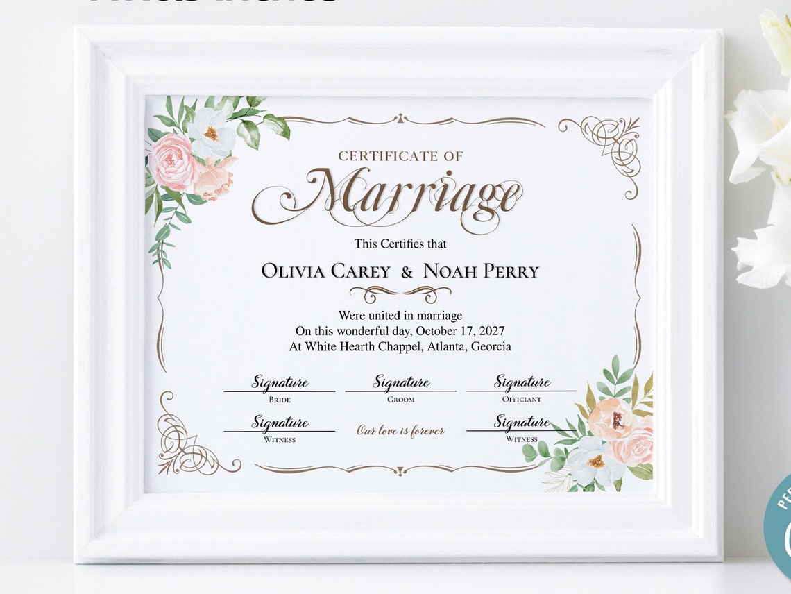 Certificate of Marriage Template, Floral Wedding Certificate, Editable ...