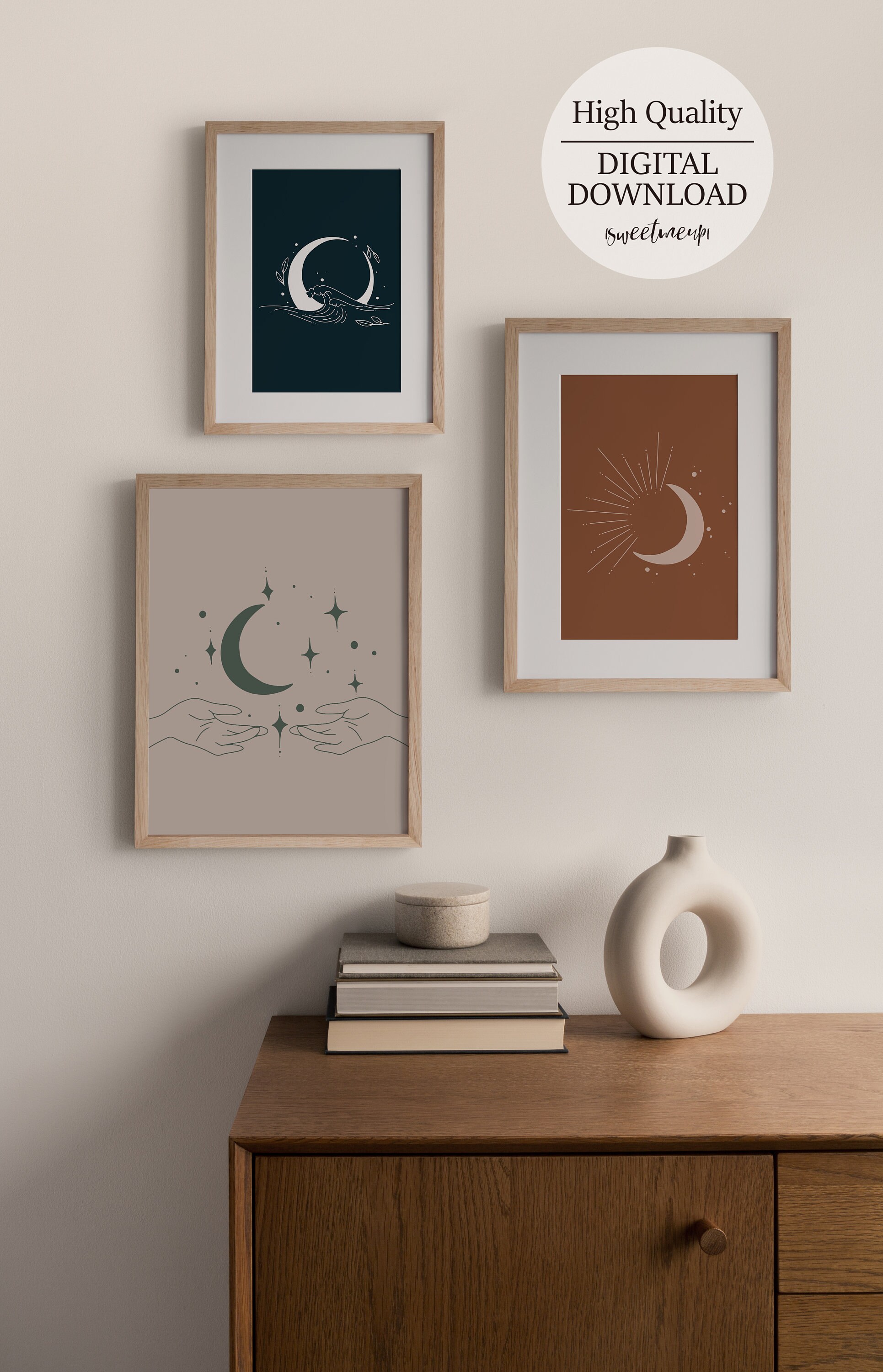 Boho Crescent Moon Art Print Printable Moon Wall Art Set of - Etsy