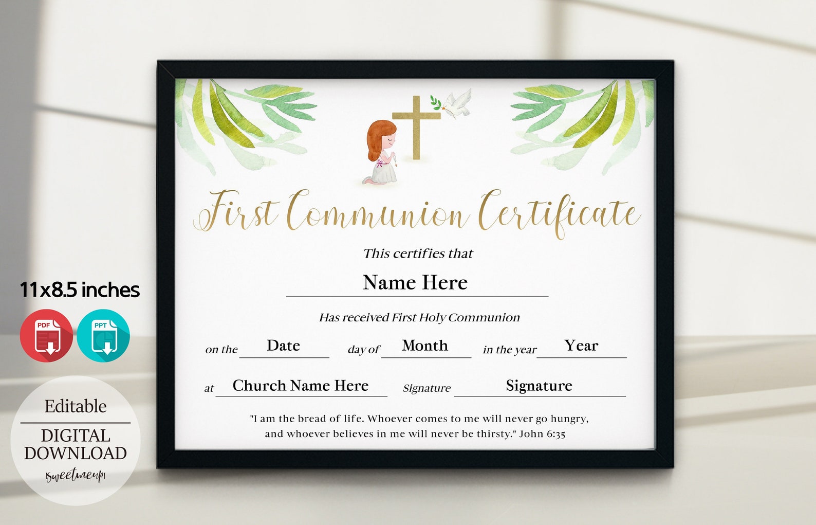 11x8.5 First Communion Certificate Template Editable - Etsy