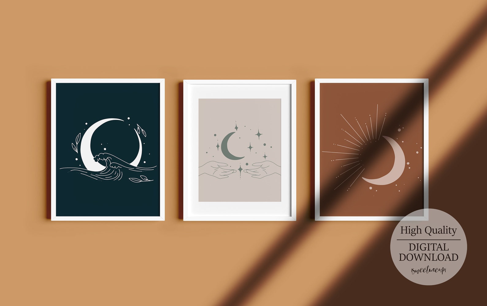 Boho Crescent Moon Art Print Printable Moon Wall Art Set of | Etsy