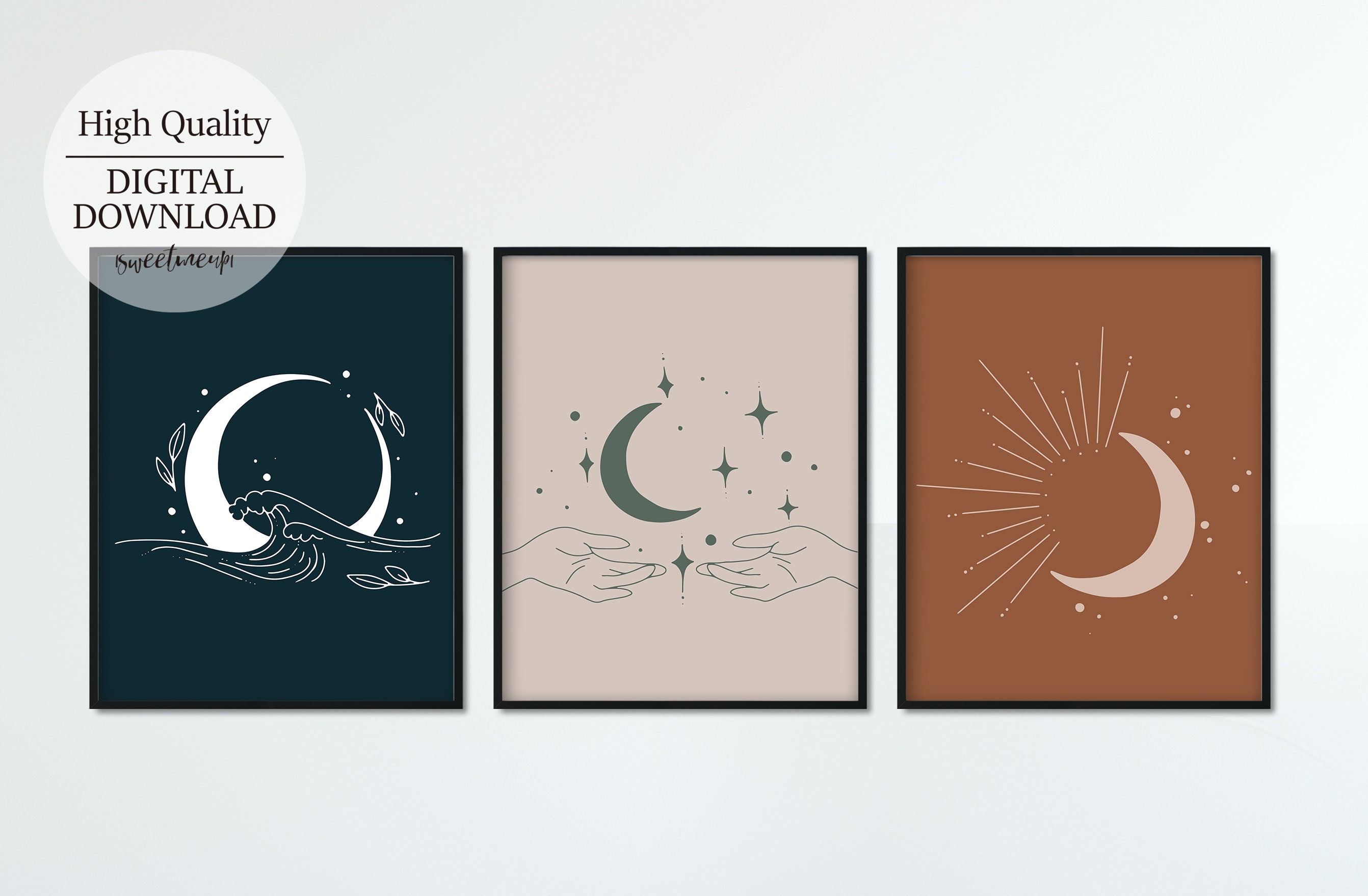Boho Crescent Moon Art Print Printable Moon Wall Art Set of - Etsy