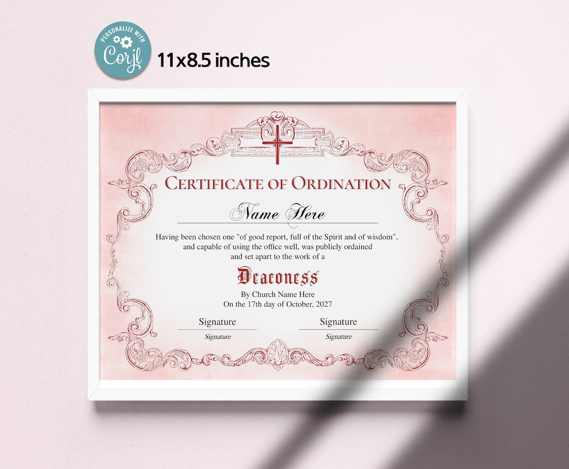 Deaconess Ordination Certificate Template, Printable Editable ...
