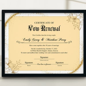 Vow Renewal Certificate Template, Editable Printable Wedding ...
