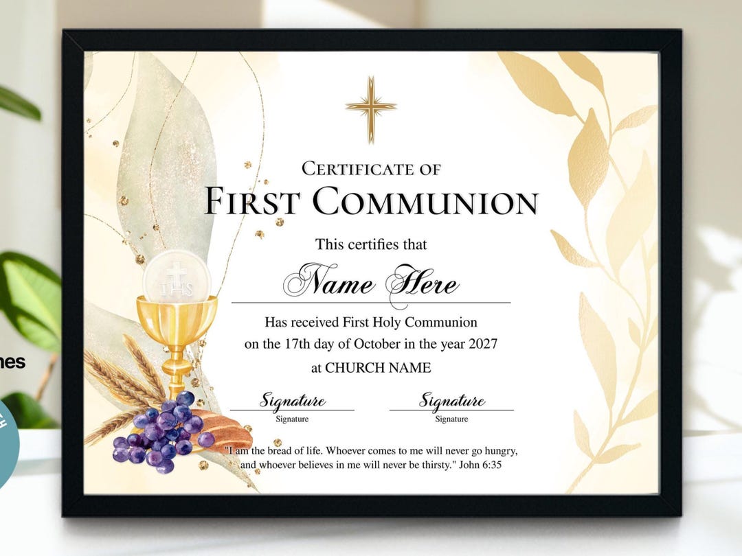 Gold First Holy Communion Certificate Template, First Communion Gift ...