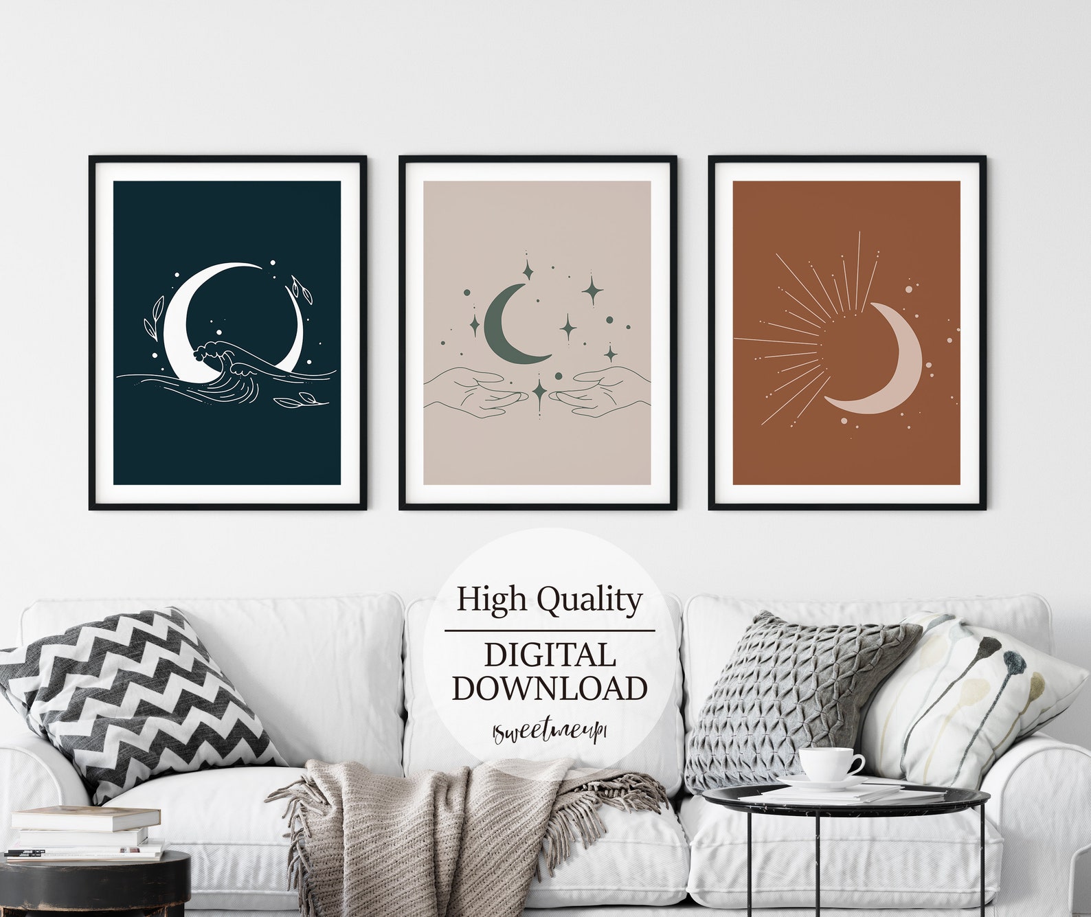 Boho Crescent Moon Art Print Printable Moon Wall Art Set of | Etsy