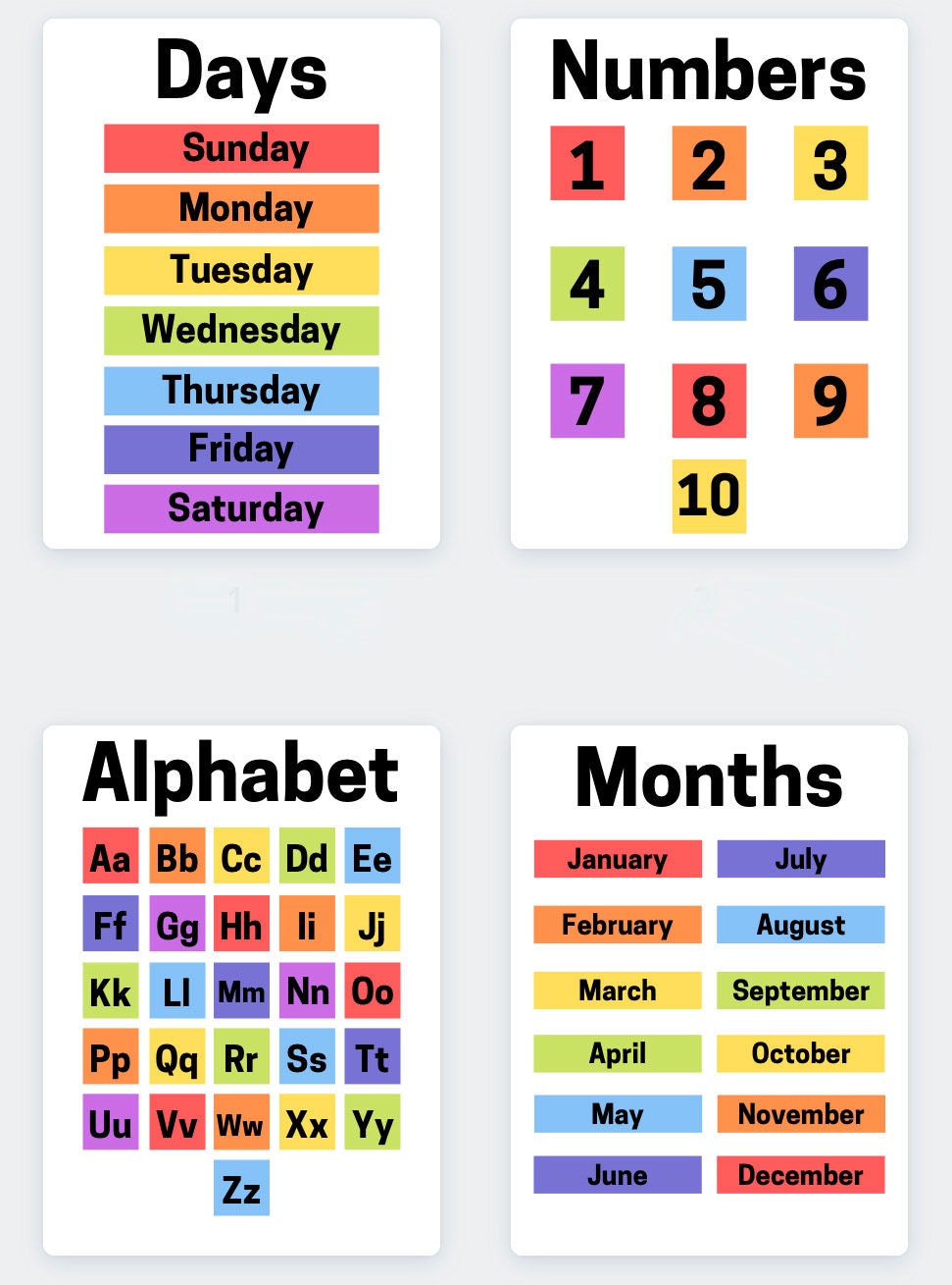 Learning Poster Prints - Colorful, Days of the Week, Numbers, Alphabet ...
