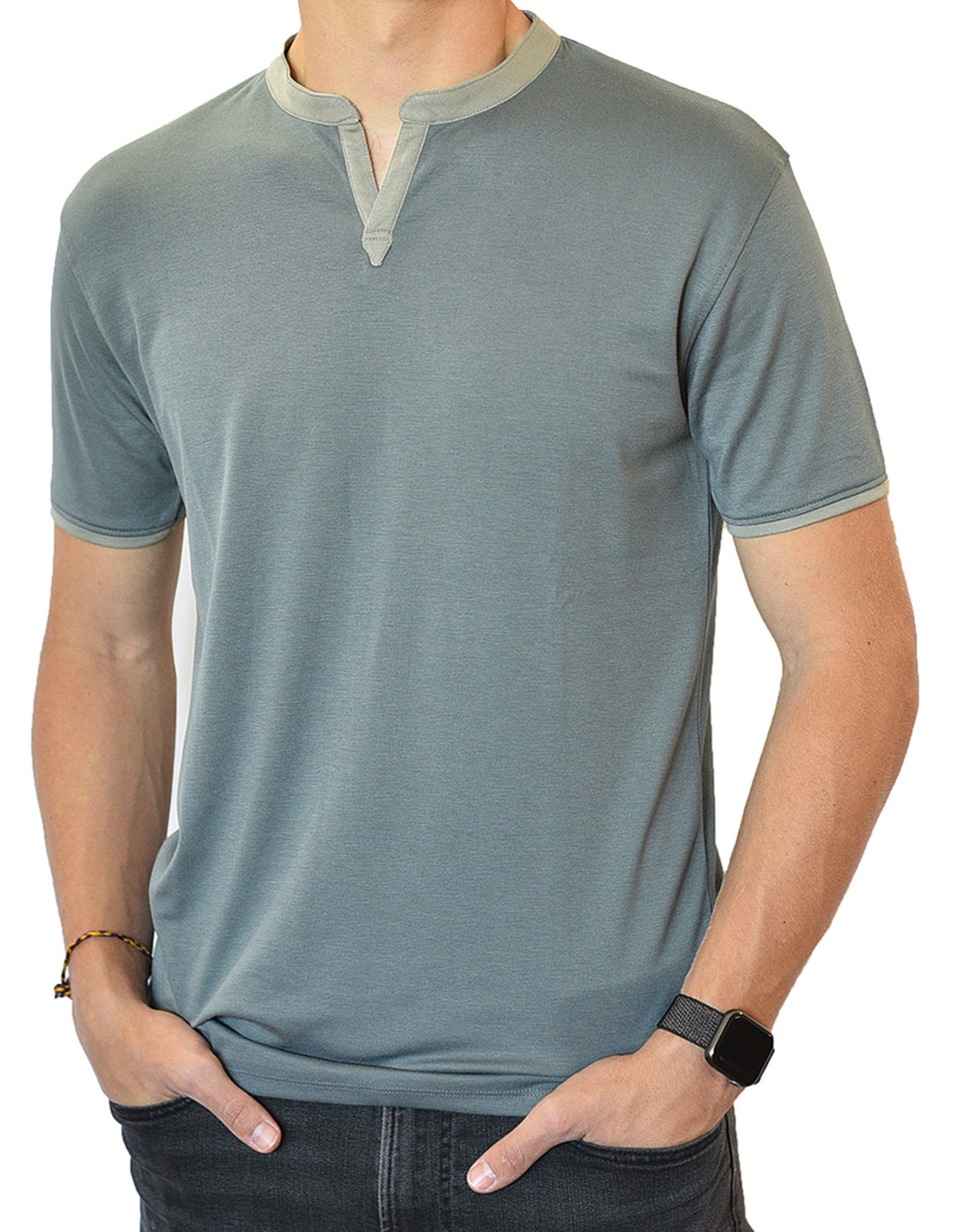 Men's Short Sleeve Henley V-neck Banded Notch Collar Shirt | Super Soft ...