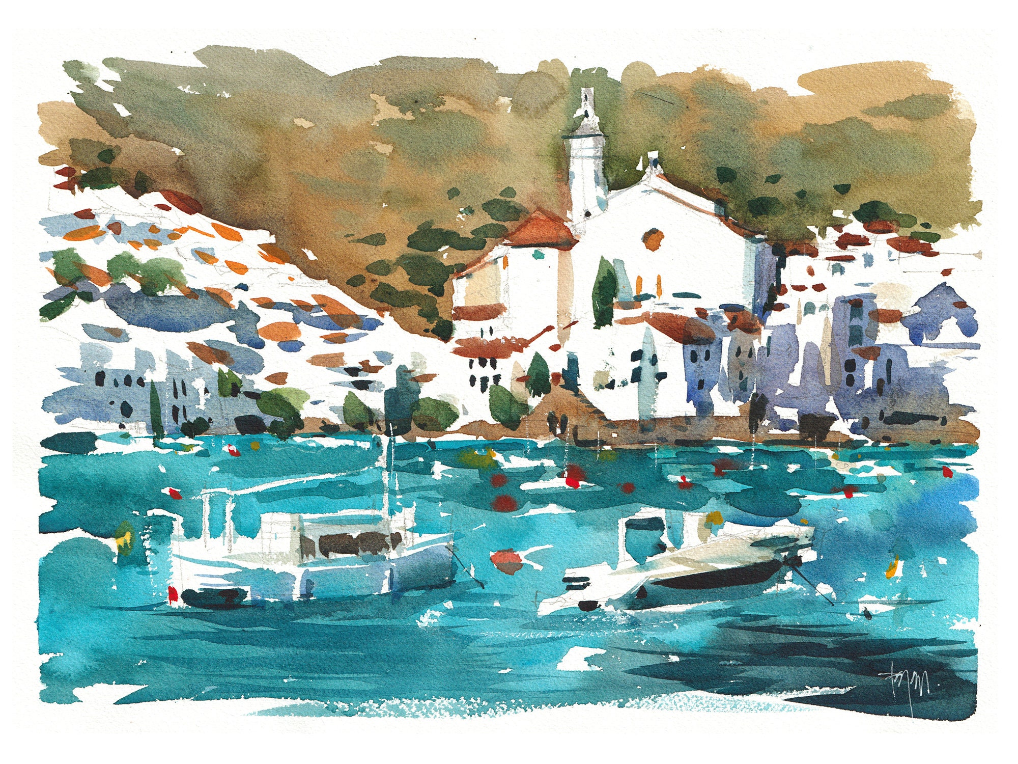 Cadaqués Barques Watercolour, Daniel Pagans Original Watercolor ...