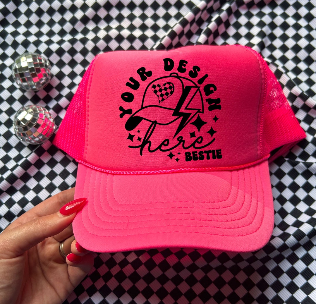 Trucker Hat Mockup: Neon Pink Hat Mock up Photo, Checkered Print ...