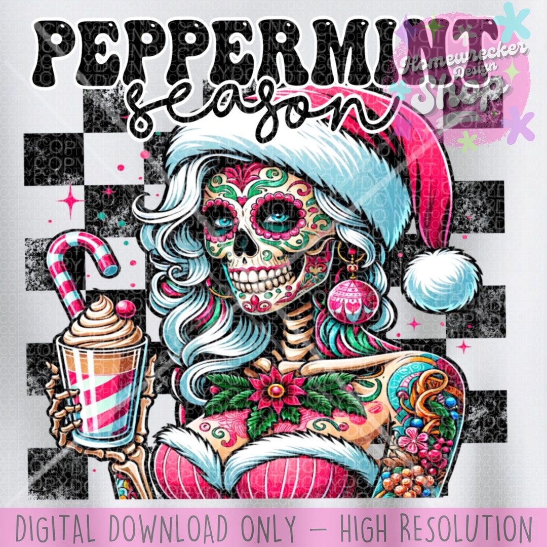 Peppermint Season Skeleton Woman With Tattoos Wearing a Santa Hat ...