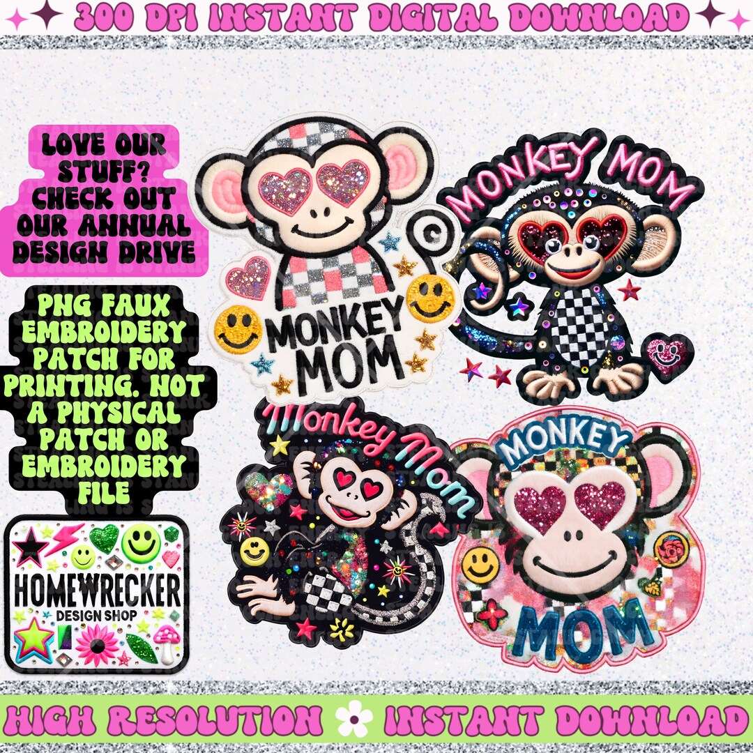 Monkey Mom 4 Design BUNDLE, PNG Faux Embroidery Faux Glitter Faux Patch ...