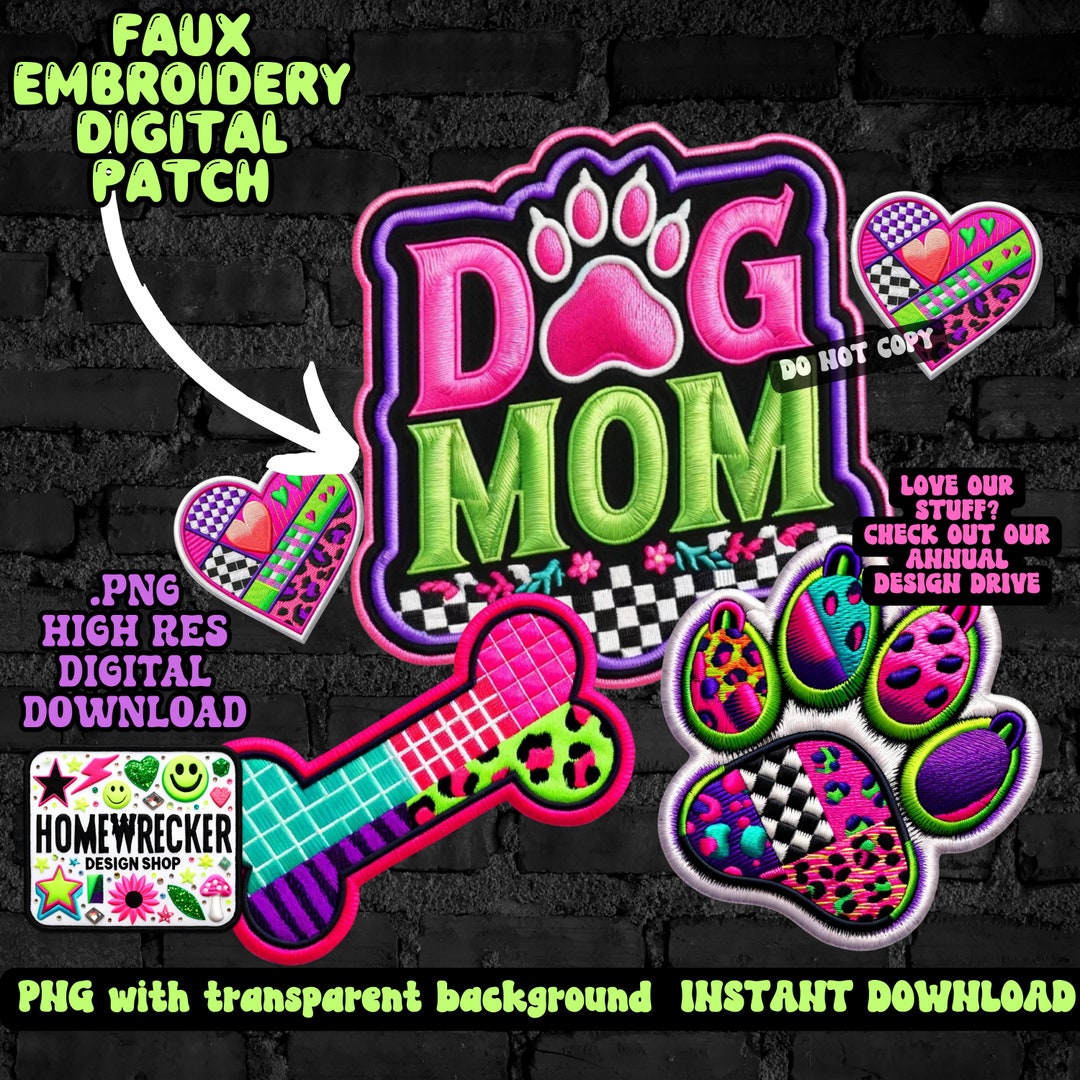 Dog Mom Patch Design, Neon, Stacked FAUX Embroidery Patches, Digital Download, PNG - Etsy