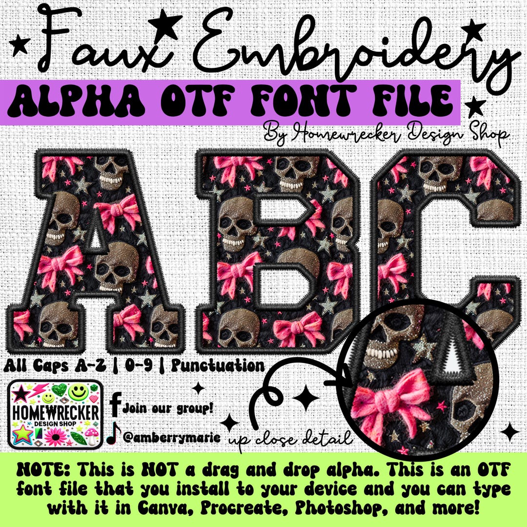 Skull Coquette OTF Font, Faux Embroidery Alpha, Varsity Letter Style ...