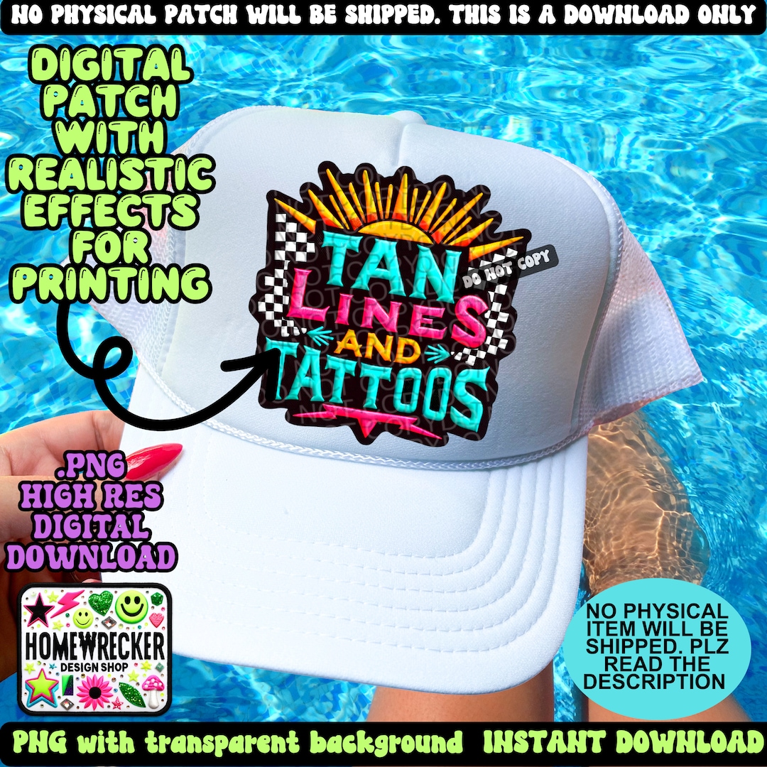 Tan Lines and Tattoos Patch, Faux Embroidery, Summer, Neon, PNG Digital ...