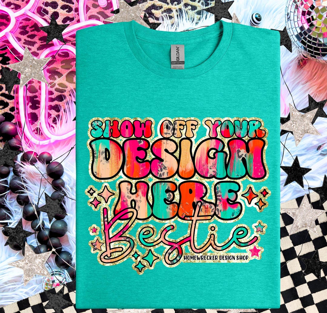 Gildan Softstyle Mockup, Heather Seafoam, G64000 Flat Lay, Neon Disco ...