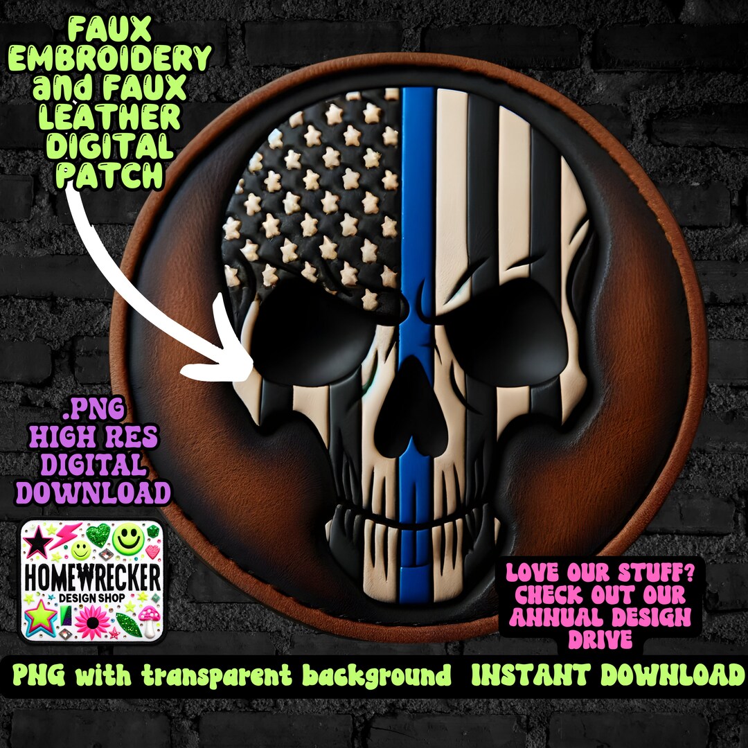 Thin Blue Line Skull Flag Faux Hat Patch, Police, Faux Leather Patch ...