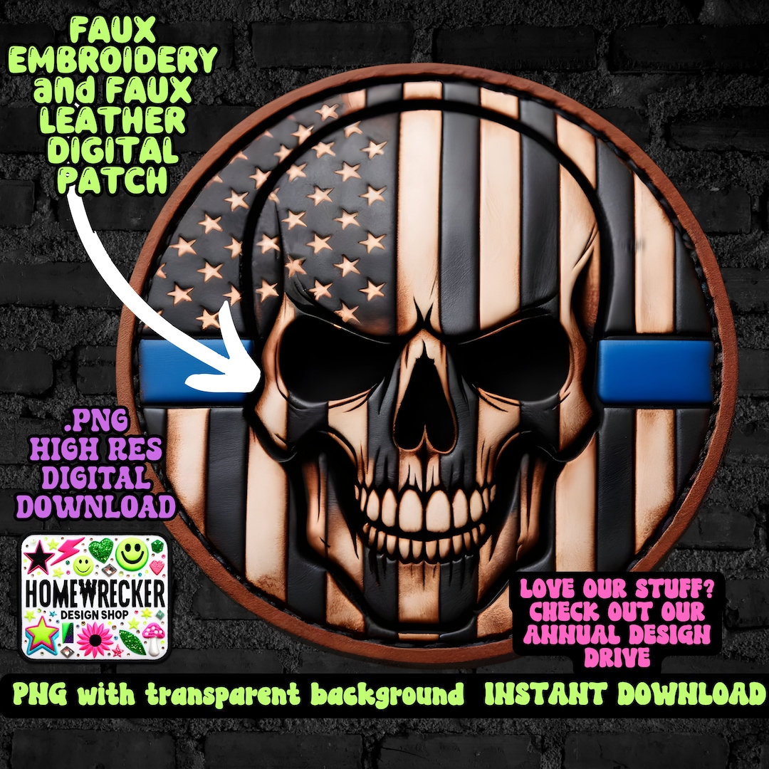 Thin Blue Line Skull Flag Faux Hat Patch, Police, Faux Leather Patch ...