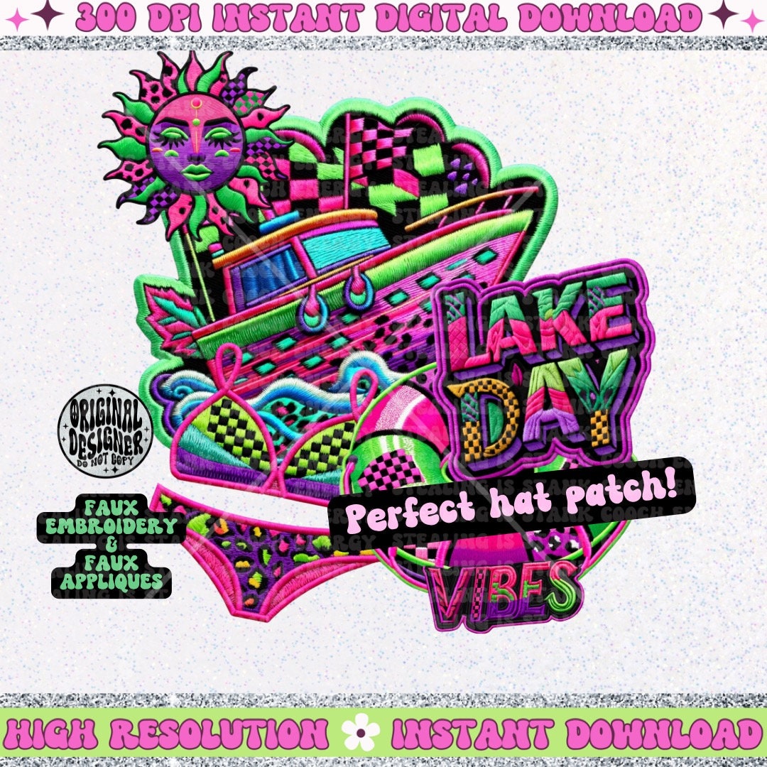 Lake Day Vibes, Neon, Stacked FAUX Embroidery Patches, Digital Download ...