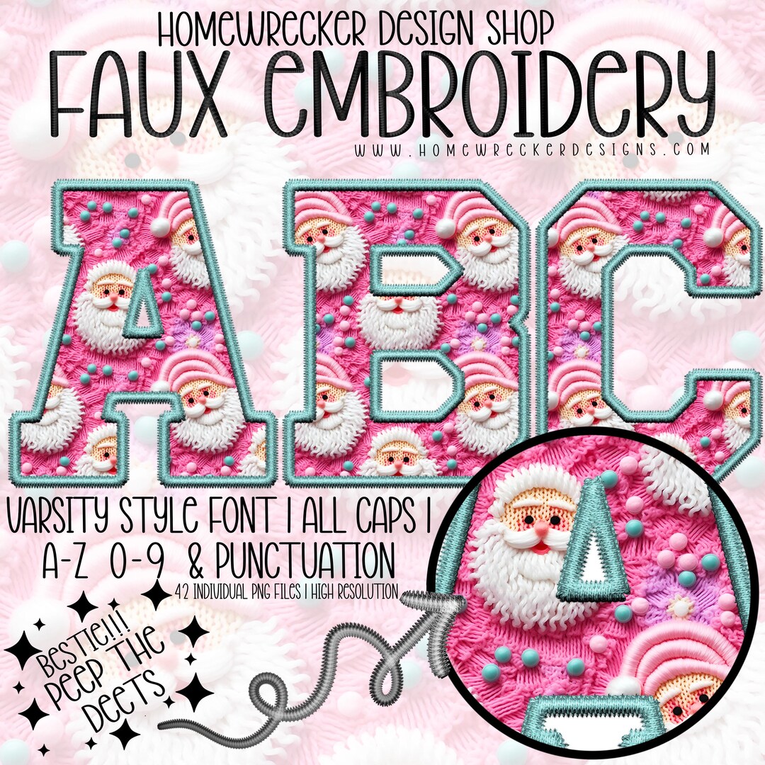 Pink and Blue Santa Faux Knitted Alpha, Faux Embroidery Christmas Alpha ...