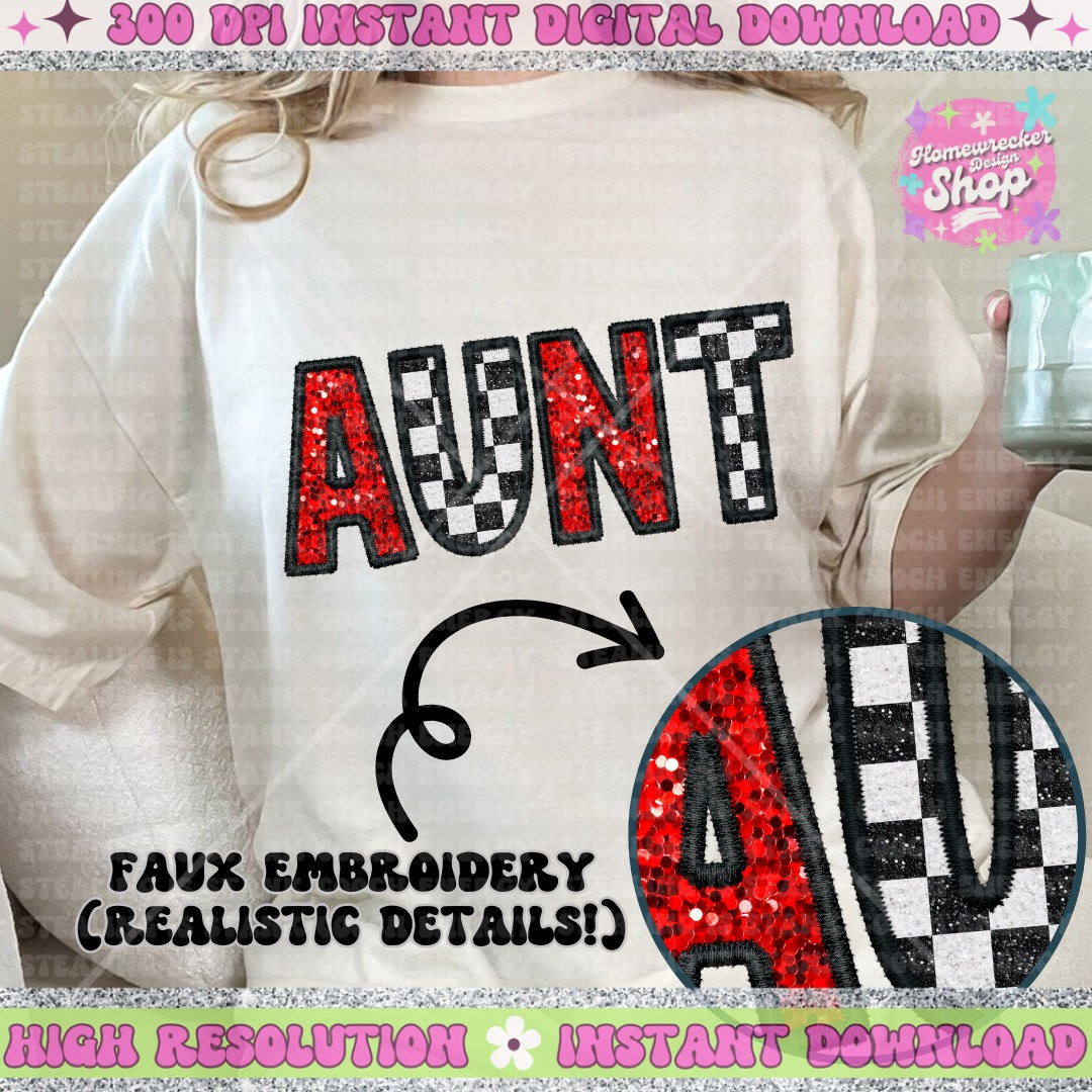 Aunt PNG, Red and Checkered PNG, Faux Embroidery, Faux Sequin - Etsy