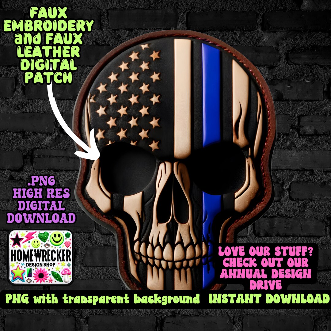 Thin Blue Line Skull Flag Faux Hat Patch, Police, Faux Leather Patch ...