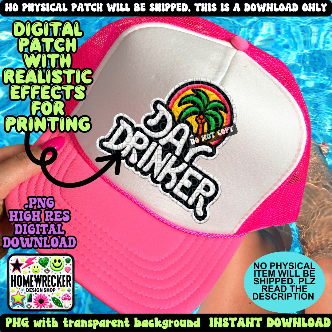 Day Drinker Digital Patch, Faux Embroidery, Summer, PNG Digital ...