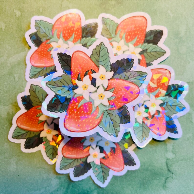 Holographic Strawberry Sticker | Floral Berry Bunch - Etsy