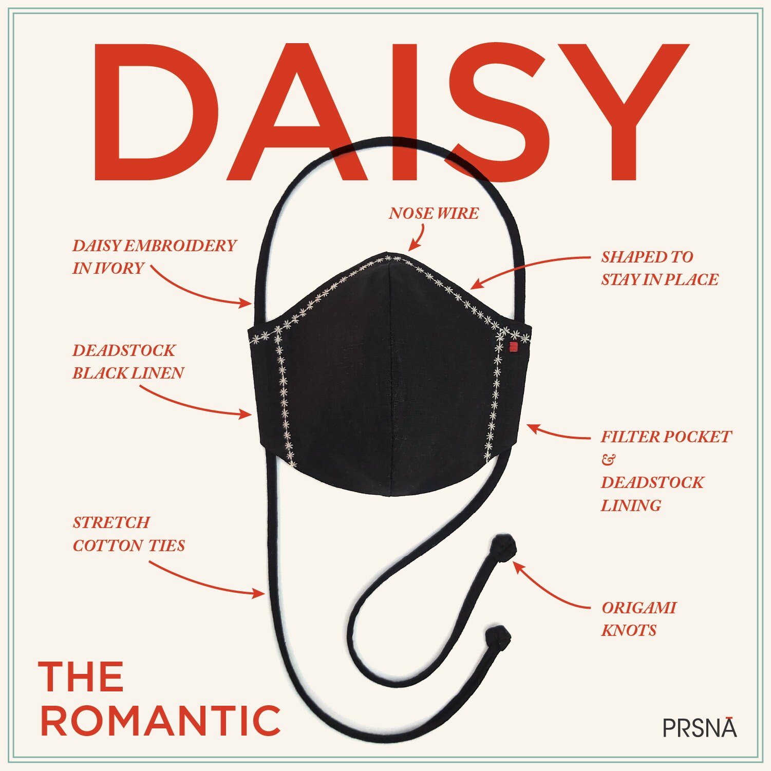 DAISY Linen Face Mask / Black Embroidered Cloth Mask / Sustainable ...