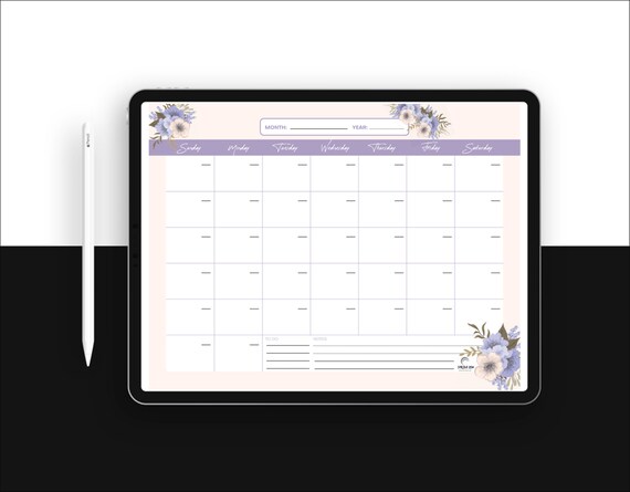 Digital Monthly Calendar Undated With Grocery List/ Note Pad | Etsy