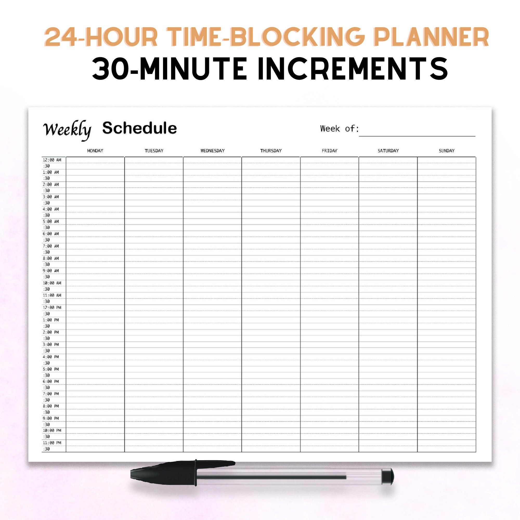 24 hour Planner With 30 minute Incrementsweekly Scheduler For Etsy 24 hour Planner With 30 minute Incrementsweekly Scheduler For Etsy