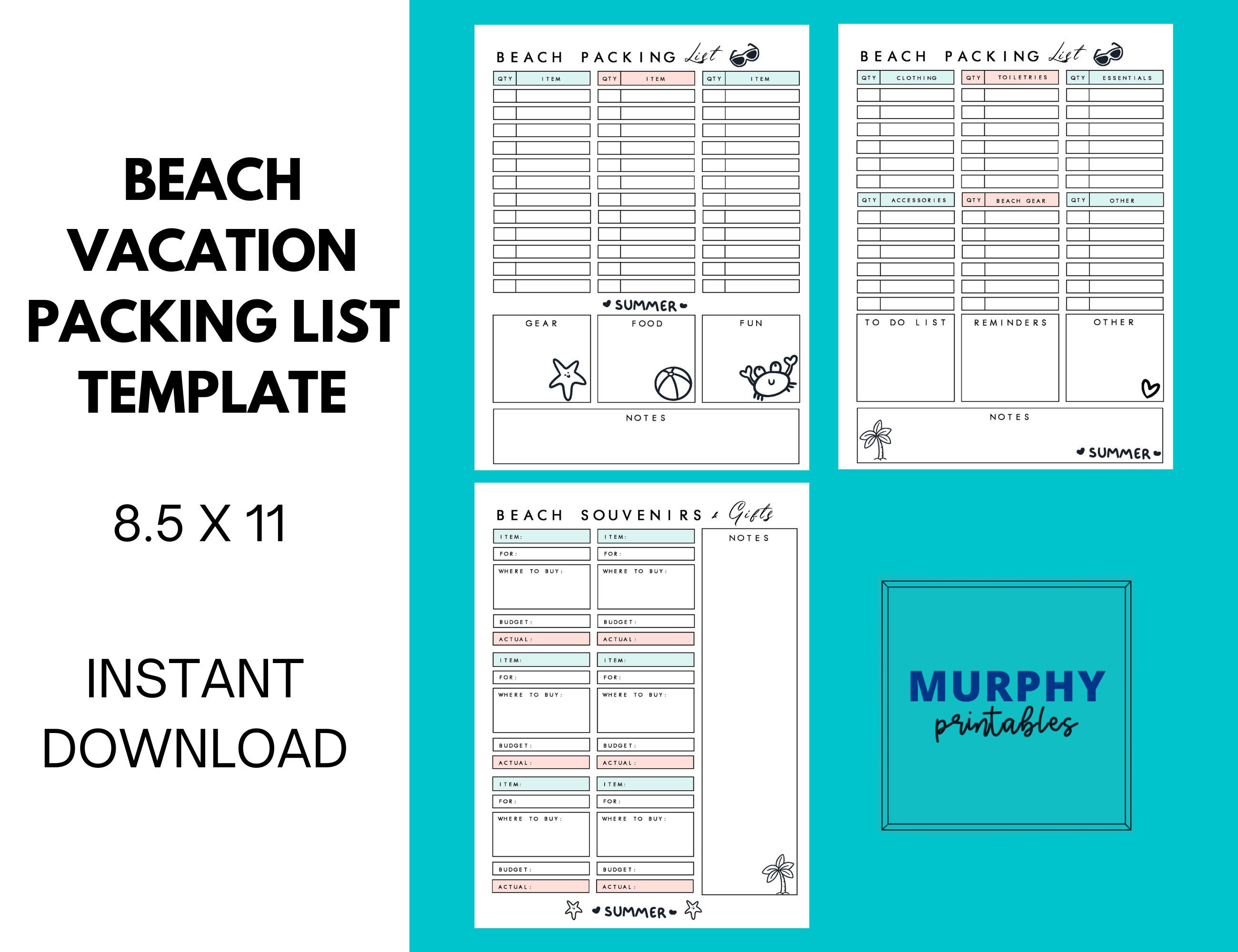 Beach Vacation Planner Packing List, Travel Printable, Summer Vacation ...