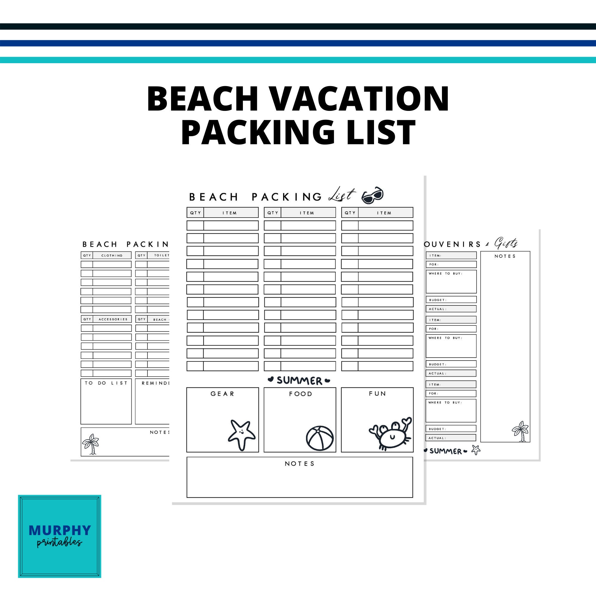 Beach Vacation Planner Packing List, Travel Printable, Summer Vacation ...