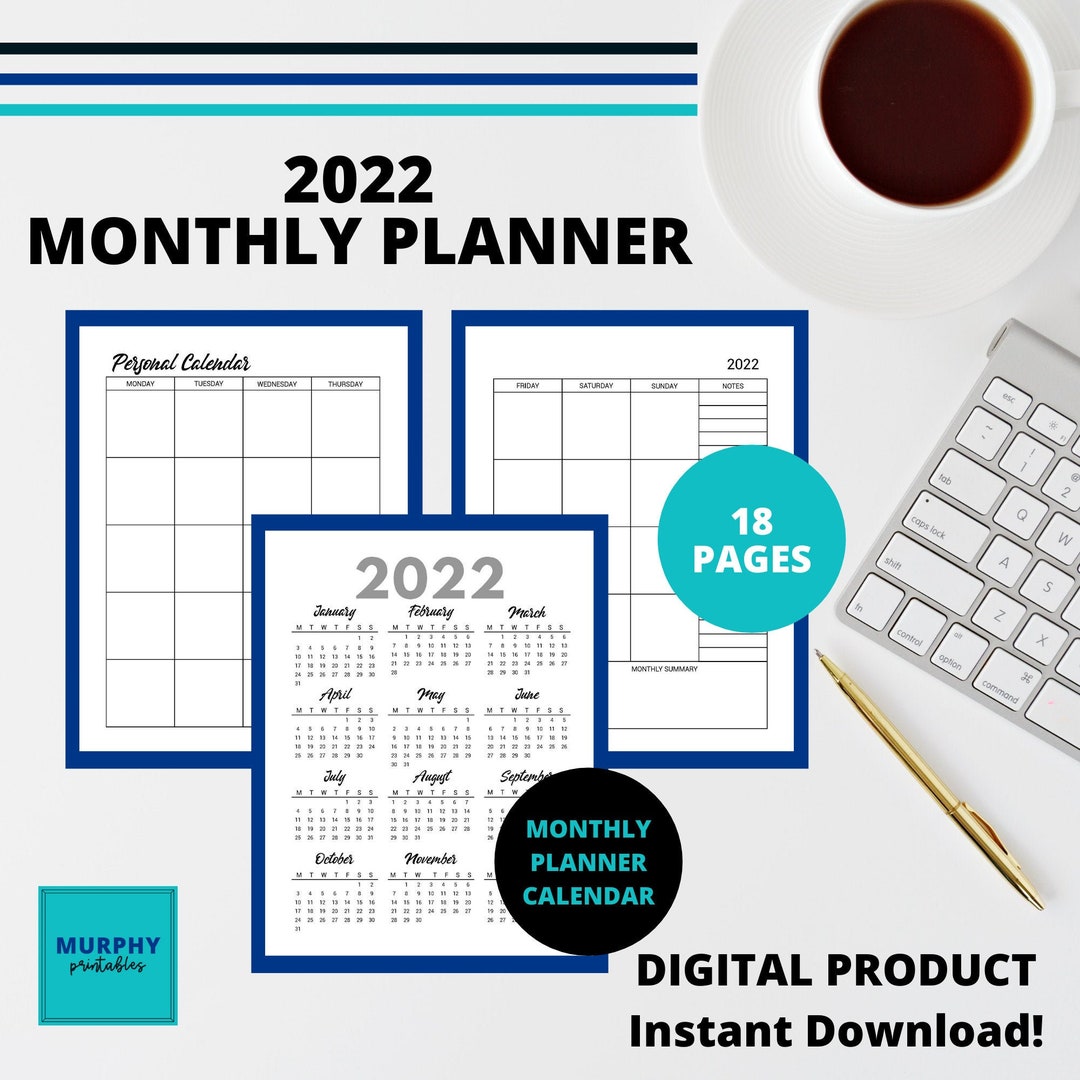 2022 Monthly Planner Printable Calendar Pages Monthly Goals Checklists ...
