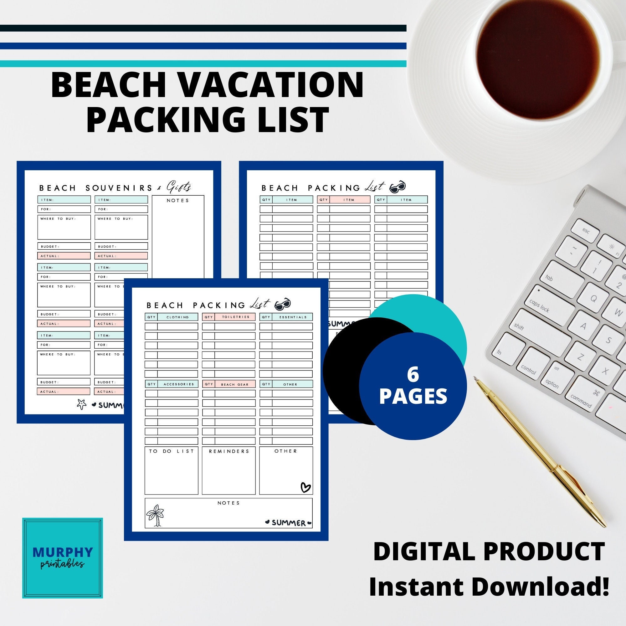Beach Vacation Planner Packing List, Travel Printable, Summer Vacation ...