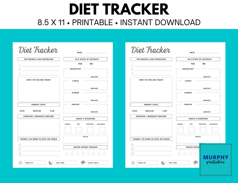 Printable Daily Diet Tracker Food Journal and Meal Planner Fitness ...